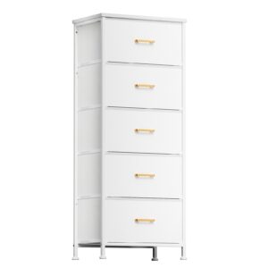 yilqqper tall dresser with 5 drawers, white dresser for bedroom, tall storage tower for closet, nursery, dorm, dresser organizer with sturdy steel frame, fabric bins, leather finish, wood top, white