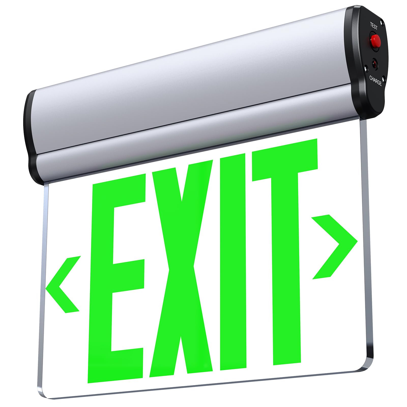 SASELUX Led Edge-Lit Exit Sign ,Brushed Aluminum Housing Single-Sided Clear Rotating Acrylic Panel,Hardwired Emergency Exit Signs with Battery Backup, 120V-347VAC,Green Led Emergency Exit Light for Business , UL Listed,Top/Side/Wall Mount(1 Pack)