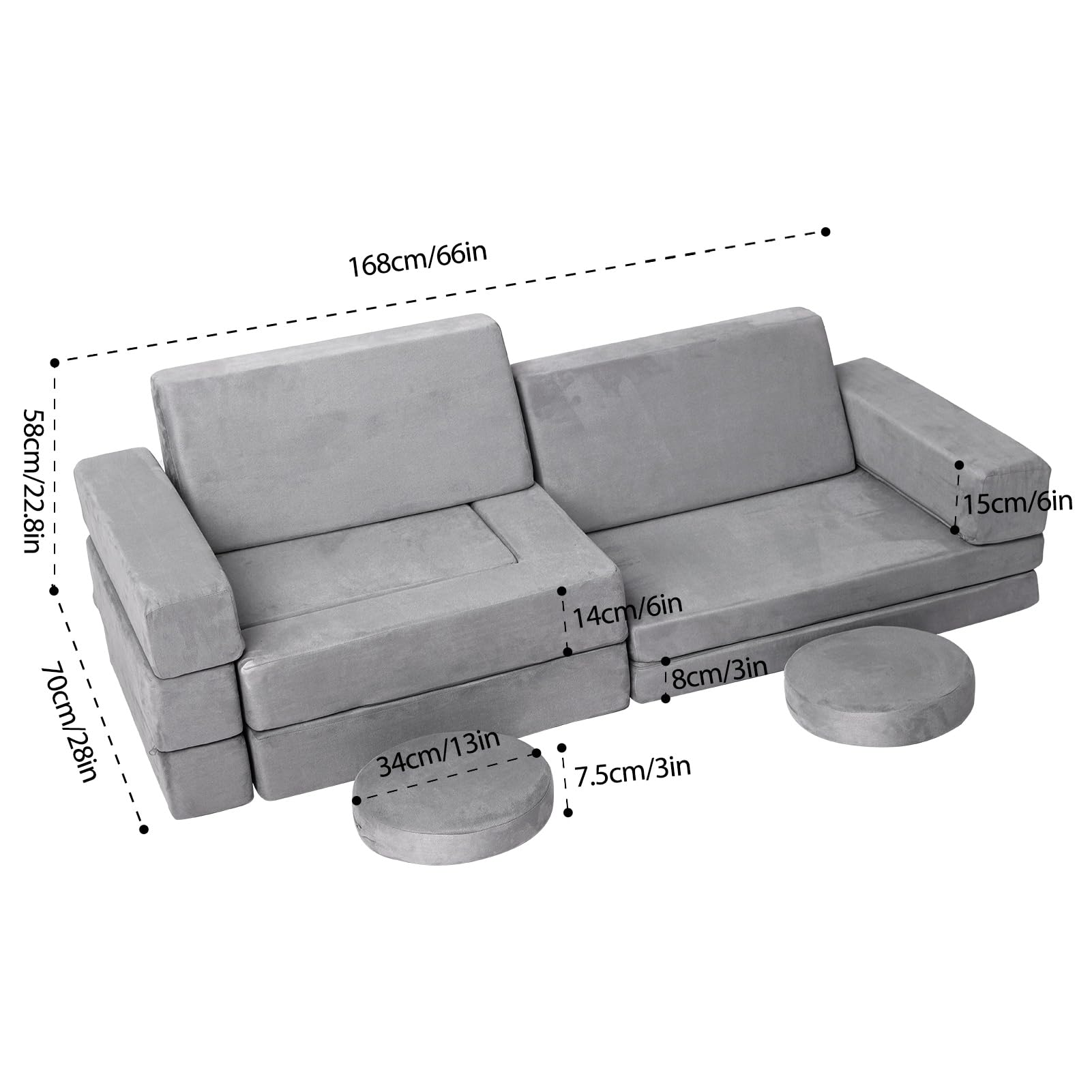 12 Pcs Modular Kids Play Couch, Convertible Sofa for Playing, Creating, Sleeping, Bedroom and Playroom Imaginative Furniture for Boys and Girls, Grey