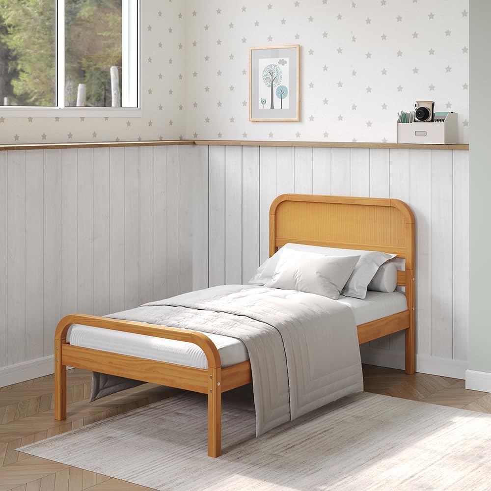 P’kolino Curva Rattan Kids Twin Size Bed Frame with Headboard- FSC Certified Solid Pine Wood - Natural