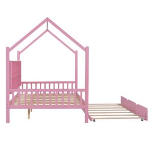 Full House Bed with Trundle and Storage Shelves, Montessori Bed Full Size Platform Bed Frame with Roof, Tent Bed, Solid Wood Playhouse Bed for Kids Teens Girls Boys (Full Size, Pink)