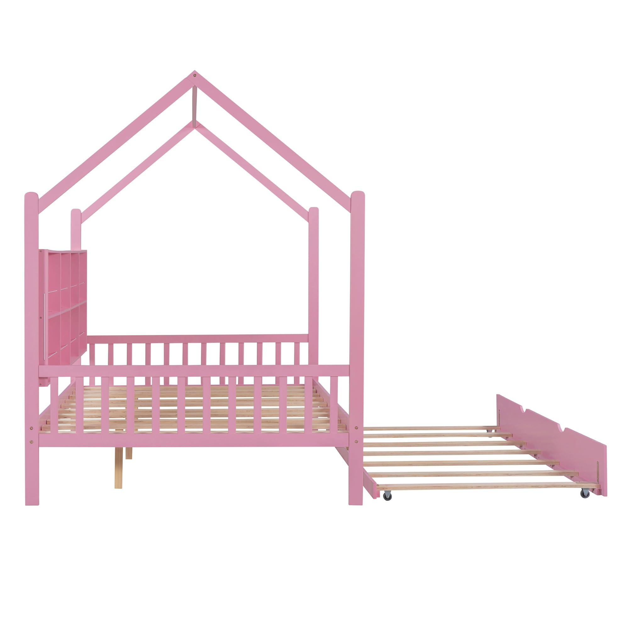 Full House Bed with Trundle and Storage Shelves, Montessori Bed Full Size Platform Bed Frame with Roof, Tent Bed, Solid Wood Playhouse Bed for Kids Teens Girls Boys (Full Size, Pink)