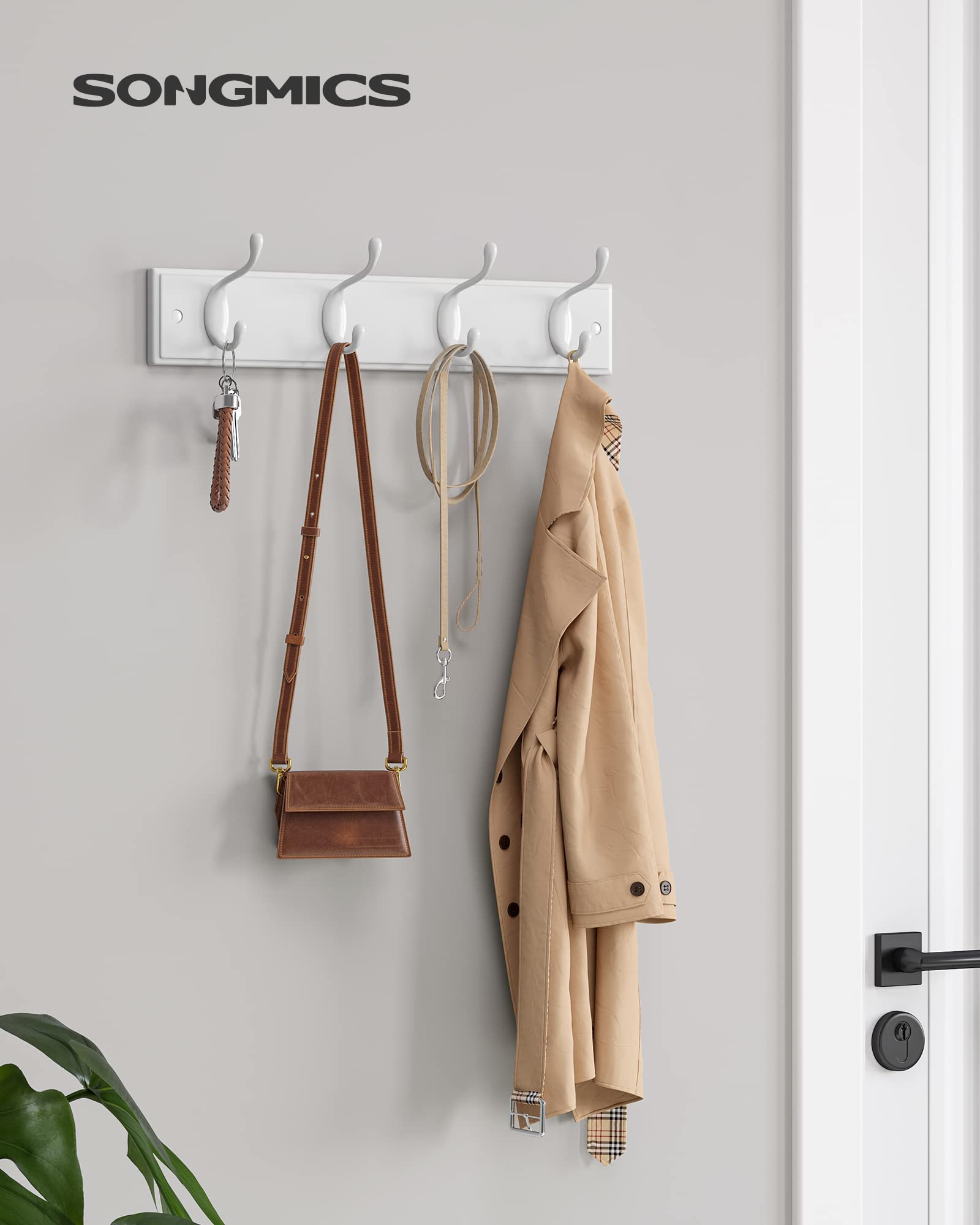 SONGMICS Set of 2 Wall-Mounted Coat Rack, Hook Rack, 8 Dual Metal Hooks, for Coats, Bags, Keys, in The Entryway, Bedroom, Living Room, White ULHR232W01