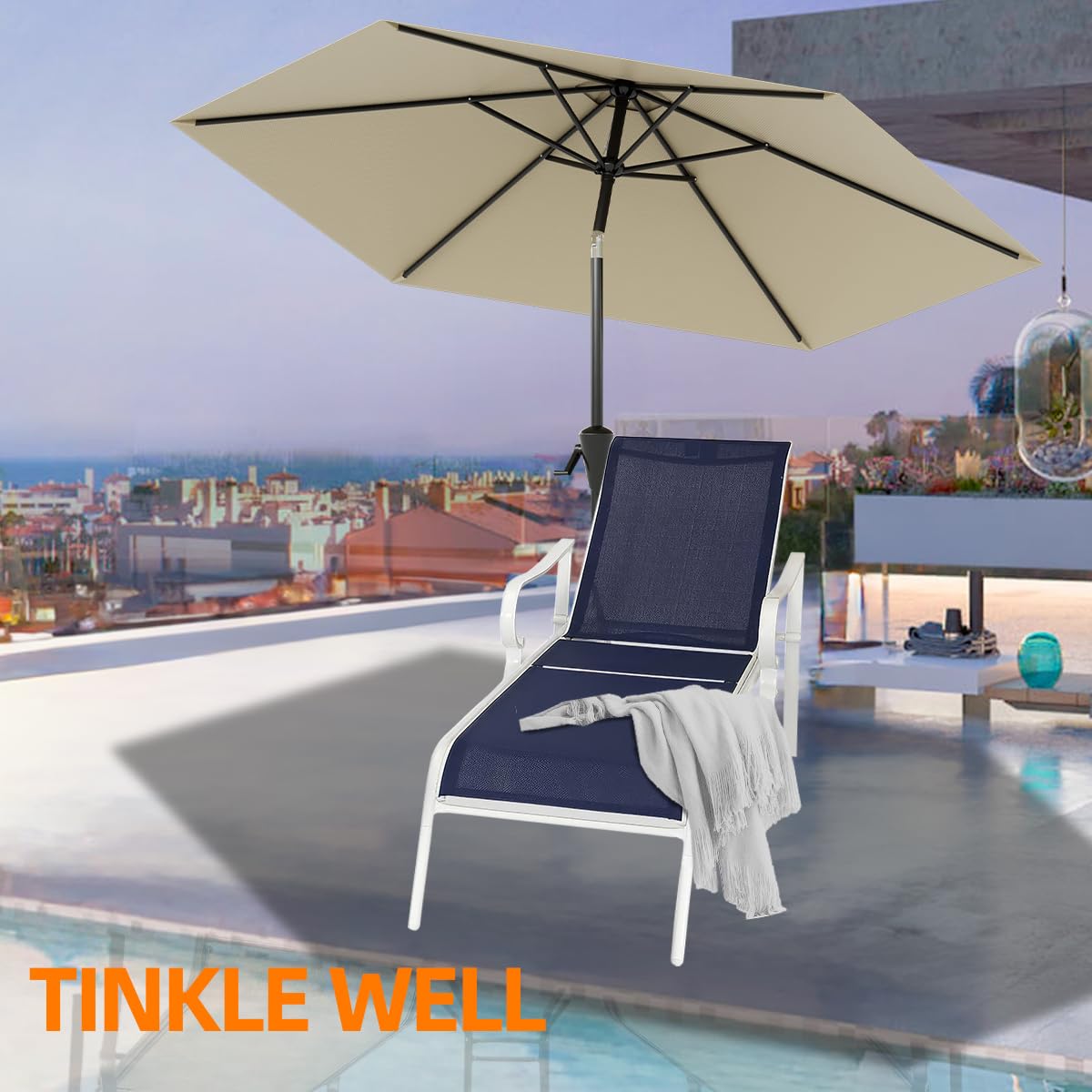 TINKLE WELL Chaise Lounge Outdoor w/Adjustable Back in 5 Reclining Levels, Sturdy Metal Frame, Sunbathing Chair for Beach, Yard, Balcony, Poolside, Dark Blue