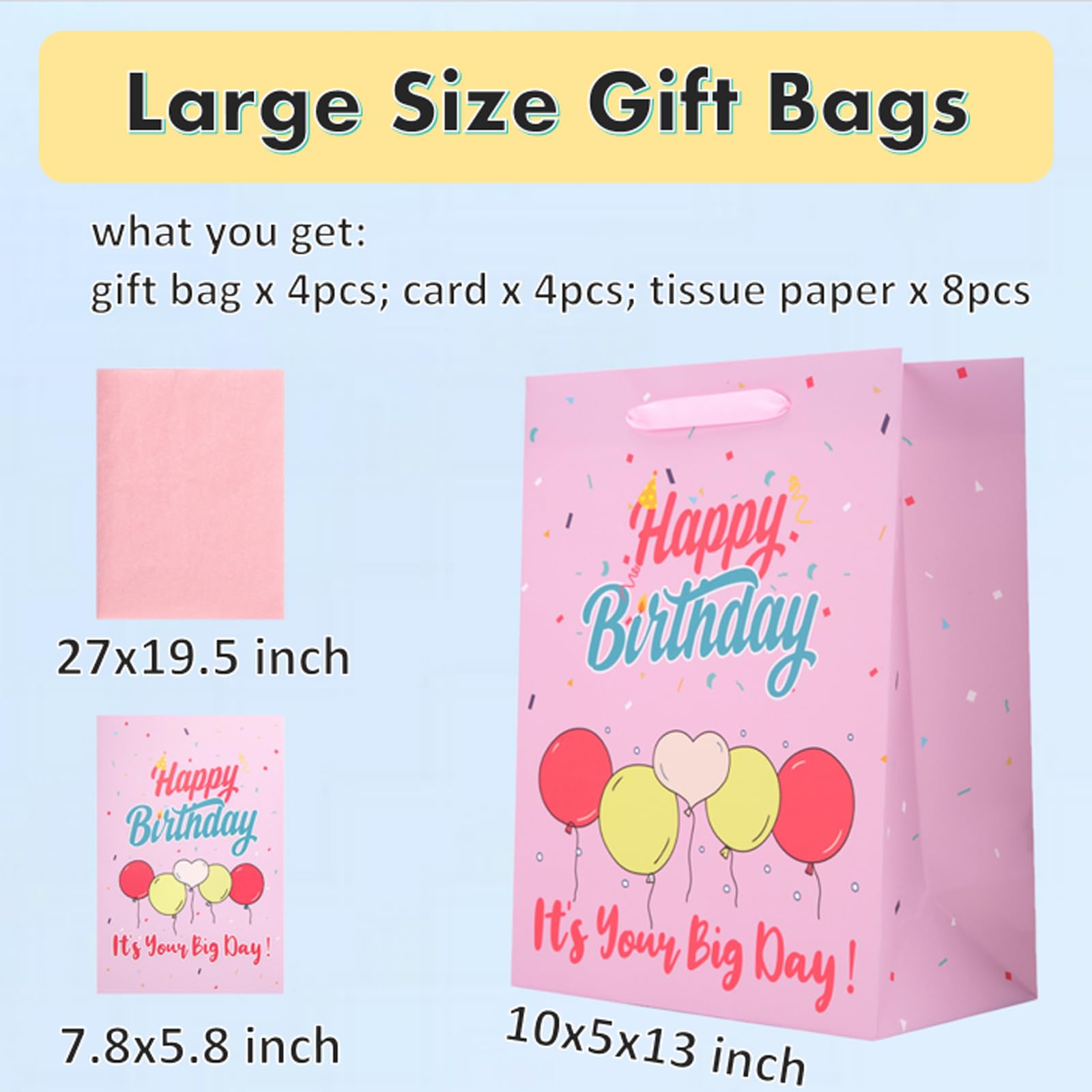 Ronvir 4Pcs Pink Gift Bags, Large Birthday Girl Gift Bags, Happy Birthday Gift Bags For Kids, Pink Gift Bags With Tissue Paper For Girls, 10x13x5 Inch