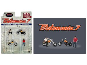 motomania 7" 4 piece diecast figure set (2 figures, 2 motorcycles) limited edition to 4800 pieces worldwide for 1/64 scale models by american diorama ad-76520mj