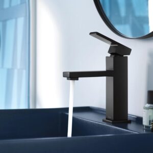 Moen Revyl Matte Black One-Handle Single Hole Modern Bathroom Sink Faucet with Optional Deckplate and Spring Loaded Drain Assembly, 84771BL