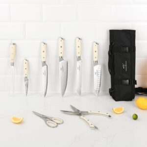 NANFANG BROTHERS Chef Knife Set with Bag, 9 Pieces Damascus Steel Chef Knives with Portable Knife Roll Storage Bag, Blade Guards, Carving Fork, Apron and Kitchen Shears for Outdoor Camping Travel