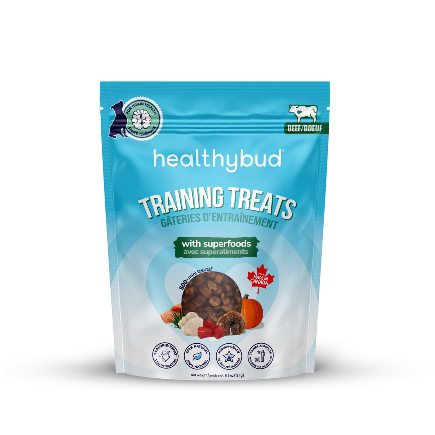 healthybud Mini Dog Training Treats - Beef Liver Soft Trainer Bites, 500+ Bits, 1 kCal per Bite, 6.5oz, Reishi, Lion’s Mane, Salmon Oil, Puppy Chews (Beef)