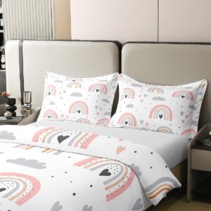 Twin Size Duvet Cover Rainbow 100% Pure Cotton Bedding Set Bohemian Style Bedding Set Grey Clouds Hearts Comforter Cover for Room Decor 2 PCS