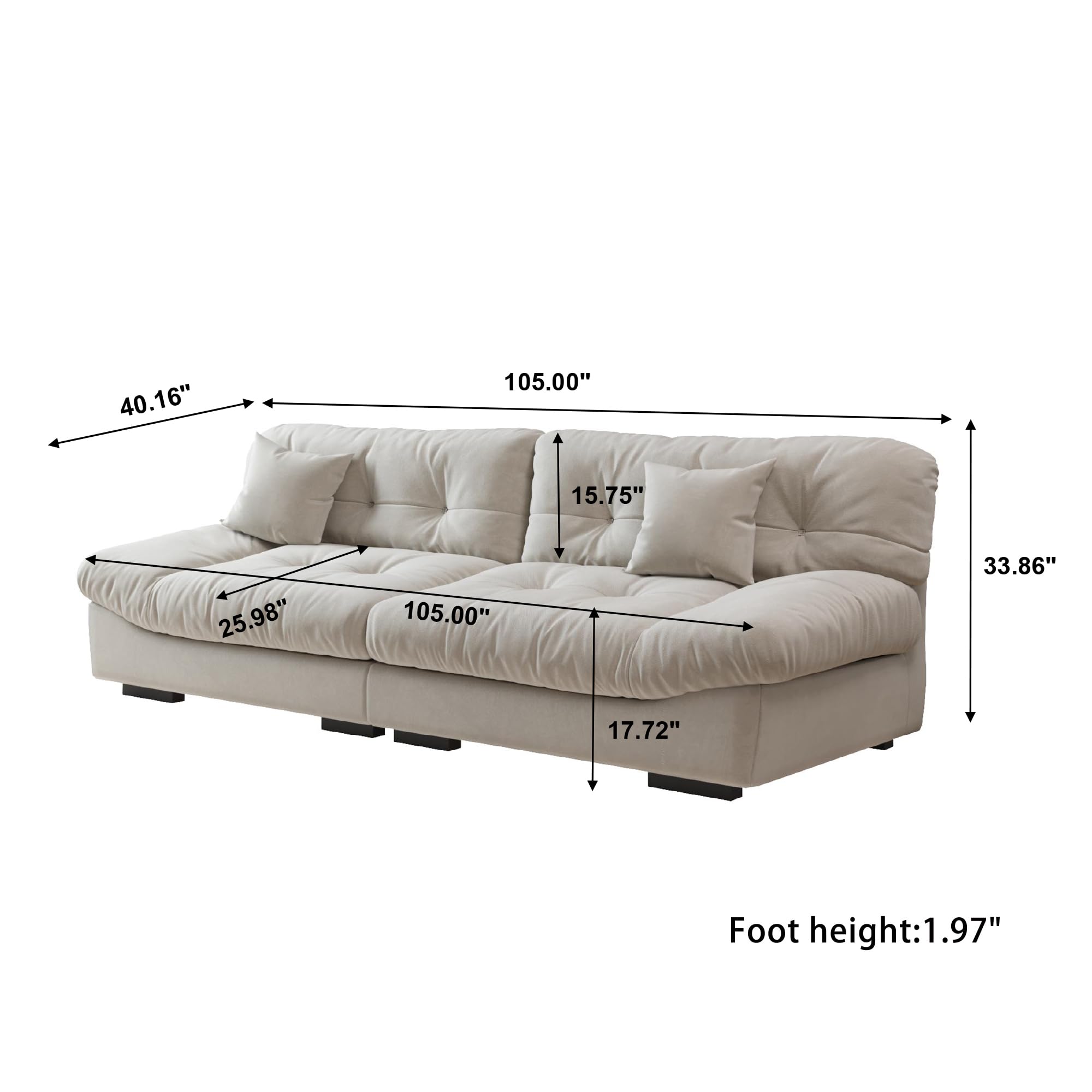 Sdorens 105" Comfy Cloud Sectional Couches, 3 Seats Larger Sofa with 2 Pillows, Minimalist Sofa Couch, Modern Sofa Couch for Living Room, Apartment, Bedroom, Office, Beige