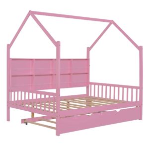 Full House Bed with Trundle and Storage Shelves, Montessori Bed Full Size Platform Bed Frame with Roof, Tent Bed, Solid Wood Playhouse Bed for Kids Teens Girls Boys (Full Size, Pink)