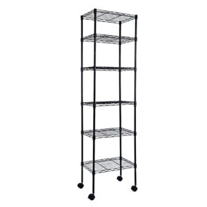 simple deluxe heavy duty 6-shelf shelving with wheels, wire shelving with hanging hooks, adjustable storage units, 17.32" d x 11.42" w x 64.96" h, 6 tier, black