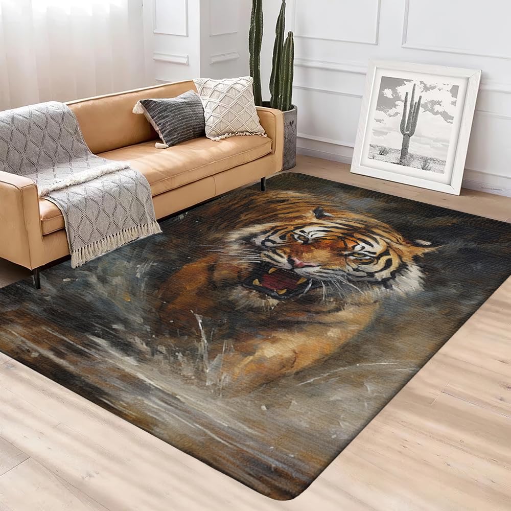 Tiger Carpet - Angry Tiger Growls Rug, Tiger Decor Animal Print Carpet Tiger Area Rug Jungle Rug Animal Print Rugs for Living Room Nice Gift for Tiger Lovers Tiger Theme Rug Girls Bedroom Decor