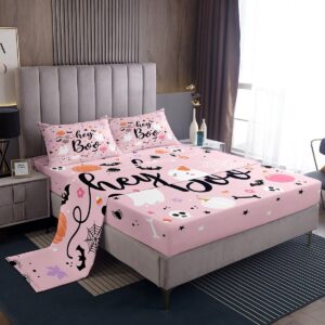 manfei pink ghosts sheet set full size, halloween theme bedding set for kids girls teens, gothic skull spider bat pumpkin bed sheet set 4pcs with deep pocket fitted sheet + flat sheet + 2 pillowcases