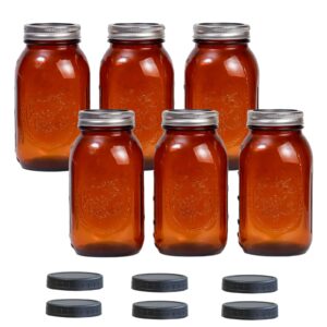 jumterlee 6 pack 32 oz amber mason jars, regular mouth mason jars with lids and bands and 6 black plastic mason jar lids, amber glass mason jars