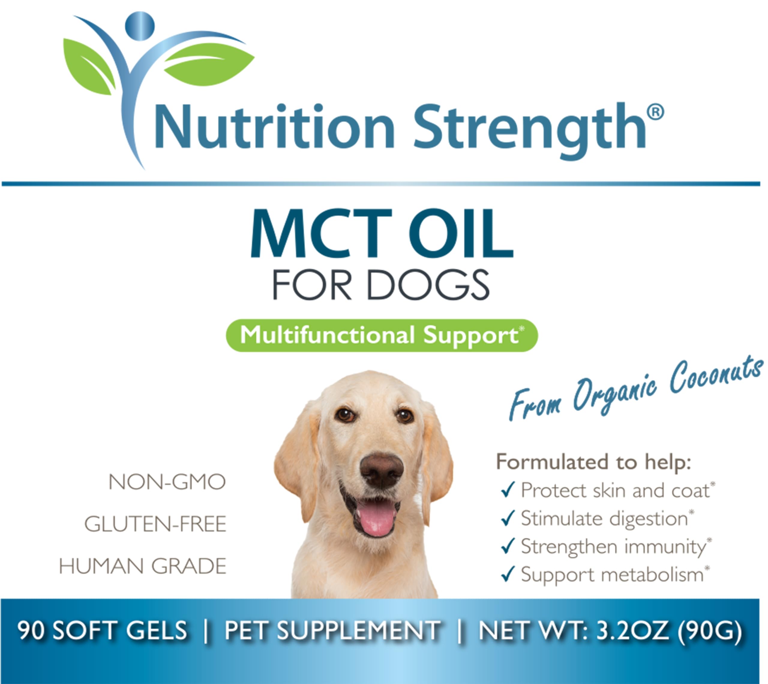 Nutrition Strength MCT Oil for Dogs from Organic Coconuts, Medium Chain Triglycerides with Caprylic Acid & Capric Acid to Protect Skin and Coat, Boost Immunity, Support Metabolism, 90 Soft Gels