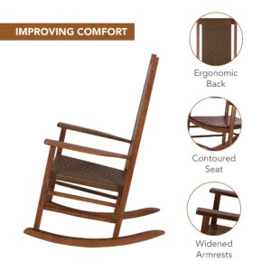 Shine Company Set of 2 Hampton Porch Rockers, High Back Wood Rocking Chairs, Rattan Backrest & Seat, 2-Pack, Oak