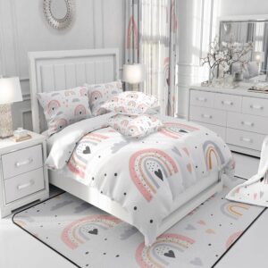 Twin Size Duvet Cover Rainbow 100% Pure Cotton Bedding Set Bohemian Style Bedding Set Grey Clouds Hearts Comforter Cover for Room Decor 2 PCS