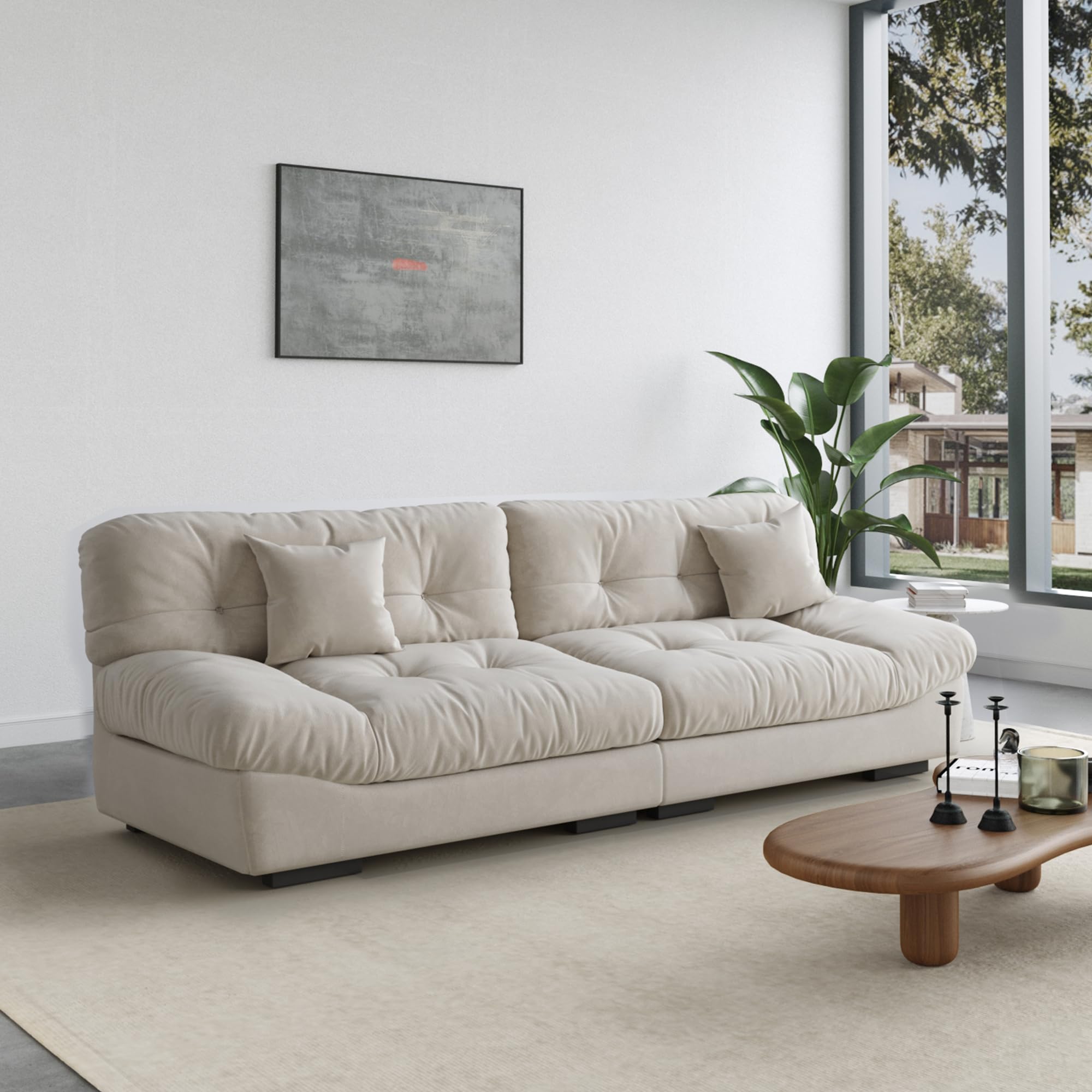 Sdorens 105" Comfy Cloud Sectional Couches, 3 Seats Larger Sofa with 2 Pillows, Minimalist Sofa Couch, Modern Sofa Couch for Living Room, Apartment, Bedroom, Office, Beige