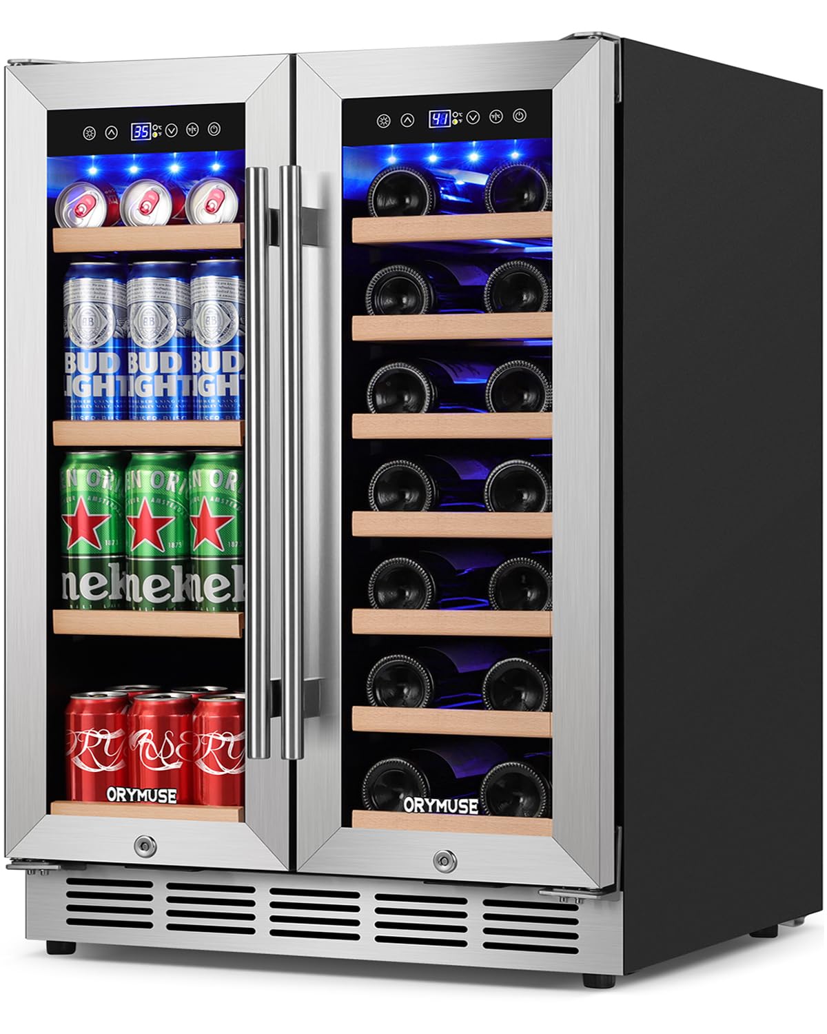 ORYMUSE Wine & Beverage Refrigerator 24'' - Dual Zone Beverage Fridge with Upgraded Cooling, Built-in or Freestanding, 20 Bottles & 88 Cans Large Capacity