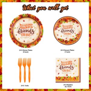 KORHONEN Friendsgiving Party Decorations, 96Pcs Thanksgiving Tableware Set Includes Friendsgiving Napkins Plates Forks, Friendsgiving Maple Leaves Party Supplies