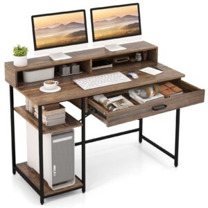 tangkula computer desk with storage drawer & monitor stand, 48” home office writing desk with 2 open shelves & compartments, computer workstation writing study desk with metal frame (rustic brown)