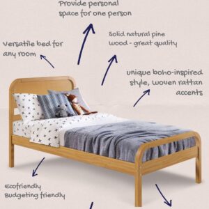 P’kolino Curva Rattan Kids Twin Size Bed Frame with Headboard- FSC Certified Solid Pine Wood - Natural