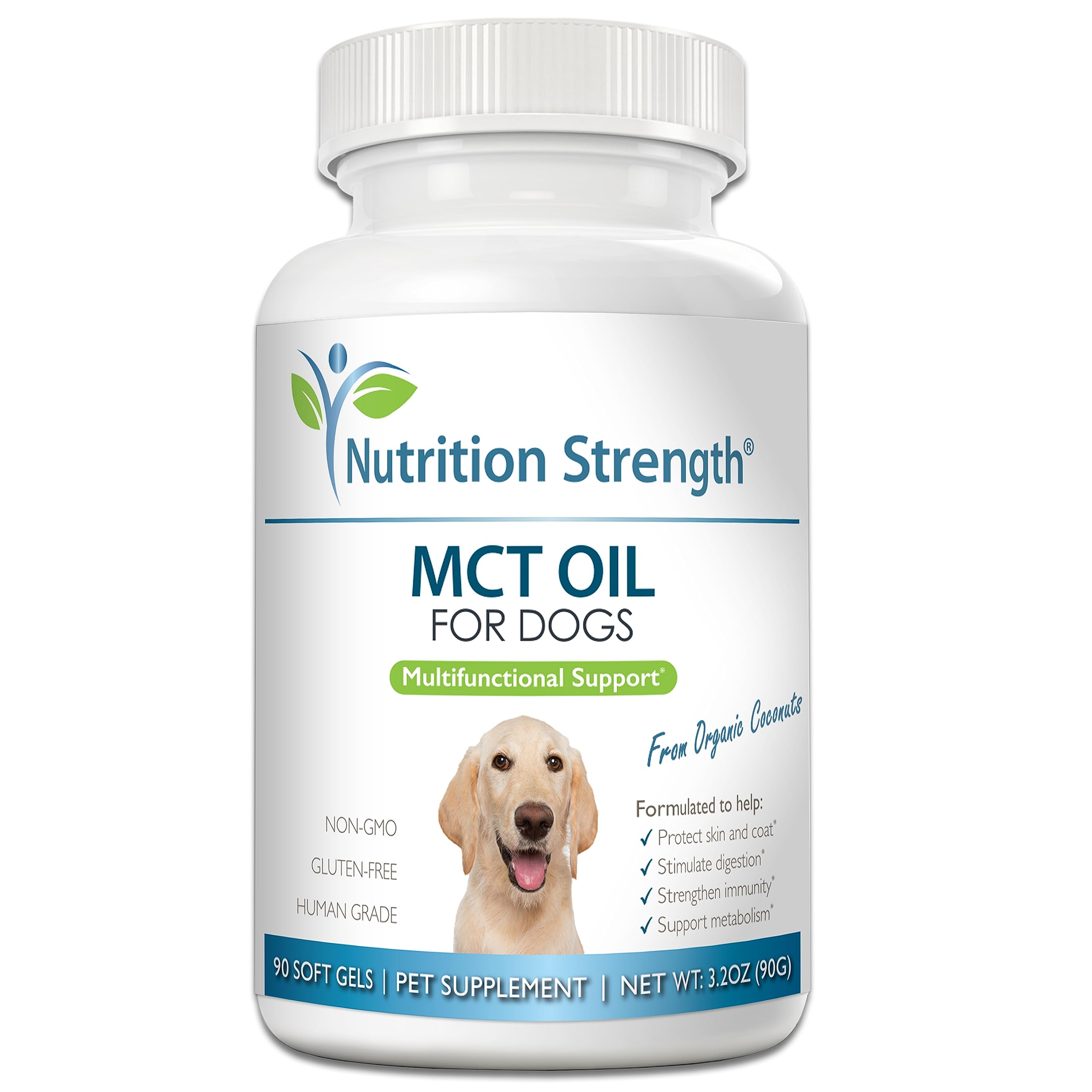 Nutrition Strength MCT Oil for Dogs from Organic Coconuts, Medium Chain Triglycerides with Caprylic Acid & Capric Acid to Protect Skin and Coat, Boost Immunity, Support Metabolism, 90 Soft Gels