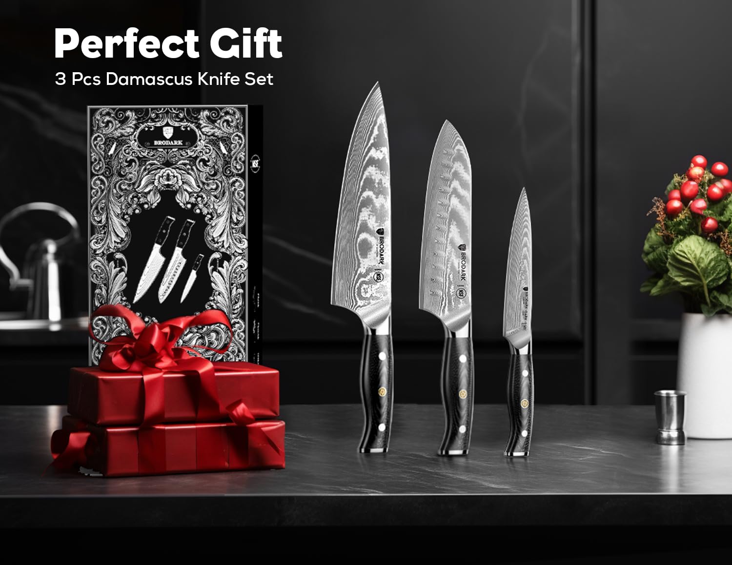 Damascus Knife Set 3 PCS with Premium VG10 Damascus Steel, Ultra-Sharp Professional Japanese Kitchen Knife Set, Full Tang Chef Knife Set with G10 Hand