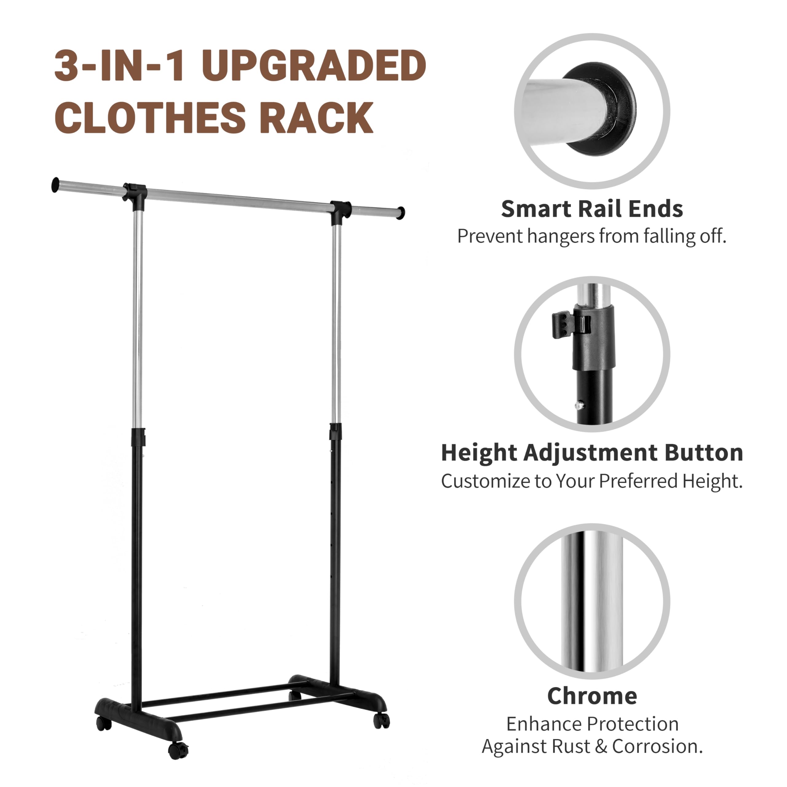 ikloo Clothing Rack with Wheels for Hanging Clothes | Extendable and Adjustable Garment Racks | Freestanding Rolling Closet Laundry Racks for Drying | Portable Clothes Organizer with Shelves | Chrome