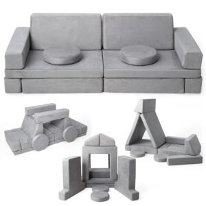 12 pcs modular kids play couch, convertible sofa for playing, creating, sleeping, bedroom and playroom imaginative furniture for boys and girls, grey