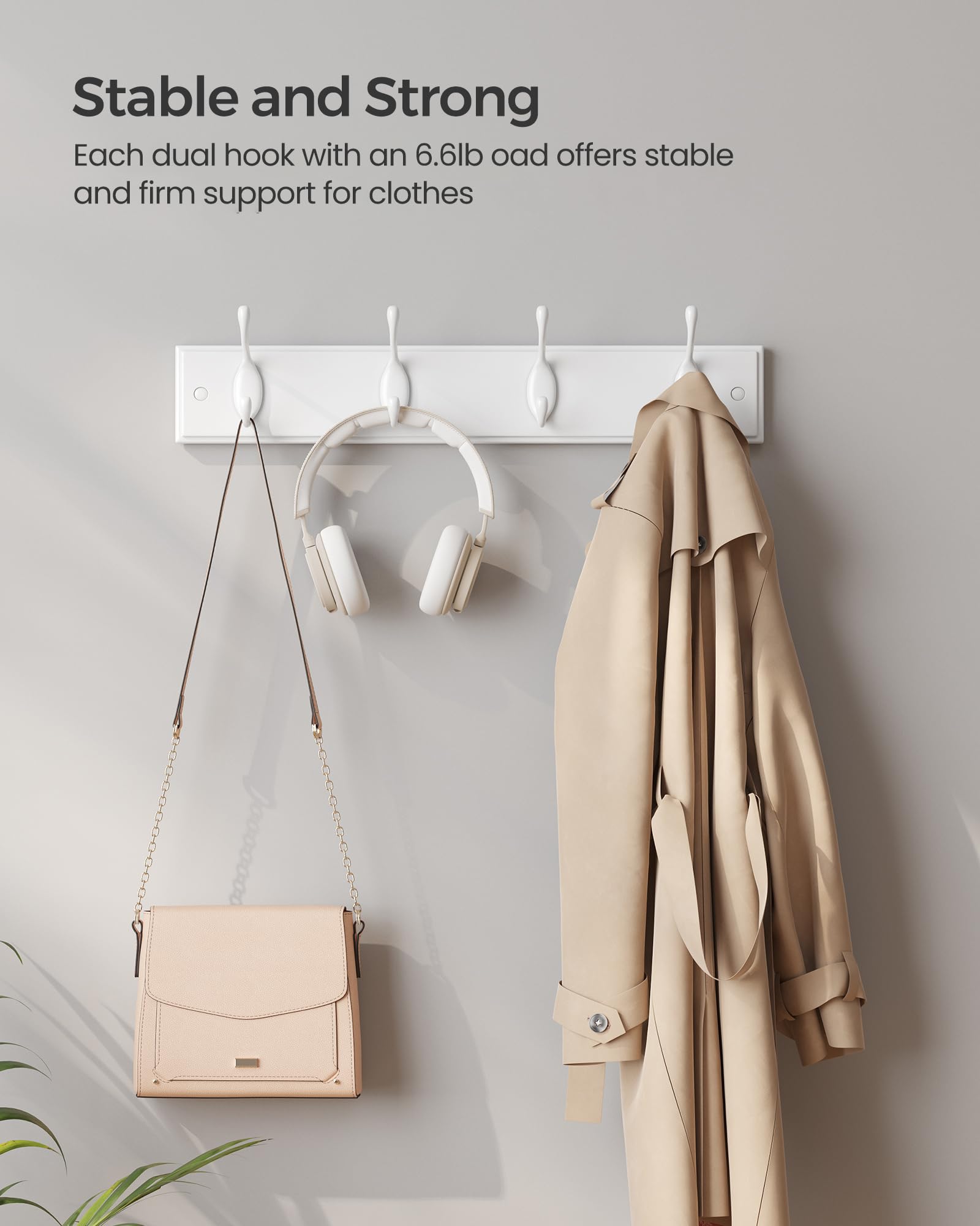 SONGMICS Set of 2 Wall-Mounted Coat Rack, Hook Rack, 8 Dual Metal Hooks, for Coats, Bags, Keys, in The Entryway, Bedroom, Living Room, White ULHR232W01