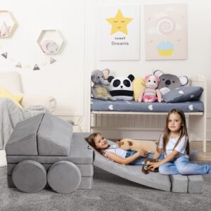 12 Pcs Modular Kids Play Couch, Convertible Sofa for Playing, Creating, Sleeping, Bedroom and Playroom Imaginative Furniture for Boys and Girls, Grey