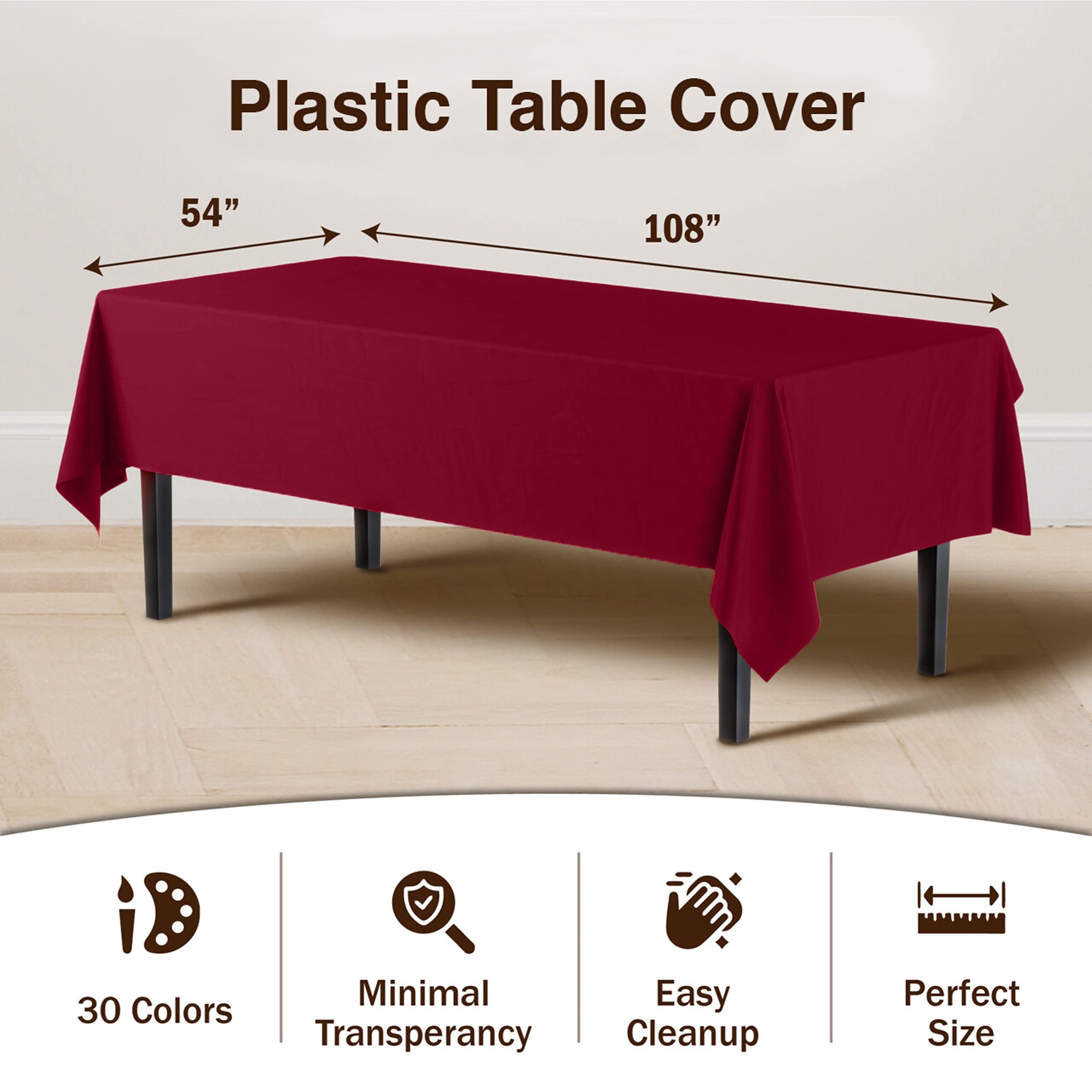 Exquisite 4-Pack Burgundy Plastic Table Cloth - 54In. x 108In. Disposable Tablecloth for Parties - Rectangle Tablecloth - Disposable Table Cloths for Parties - Plastic Table Cover for Picnics