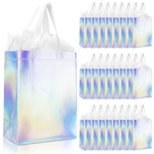 isusser 25 pack holographic gift bags with white handles gift bags with tissue papers non woven reusable handled gift bags glossy welcome bags for shopping birthday party wedding, 8 x 4 x 10 inch