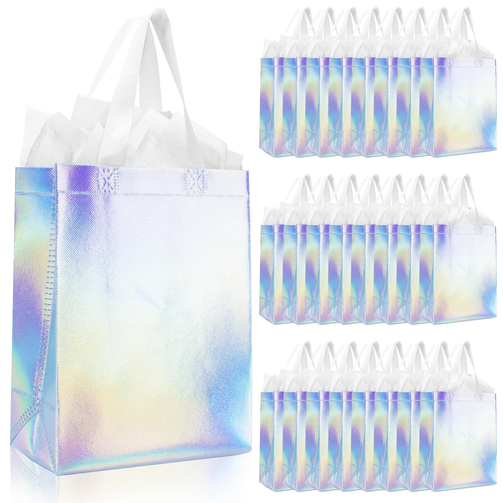 ISUSSER 25 Pack Holographic Gift Bags With White Handles Gift Bags with Tissue Papers Non Woven Reusable Handled Gift Bags Glossy Welcome Bags for Shopping Birthday Party Wedding, 8 x 4 x 10 Inch