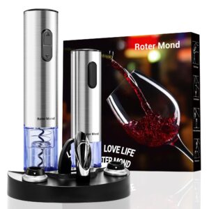 electric wine opener set, roter mond automatic wine bottle opener with charging base, 7-in-1 wine present with wine aerator pourer electric vacuum pump with 2 stoppers wine foil cutter for home party