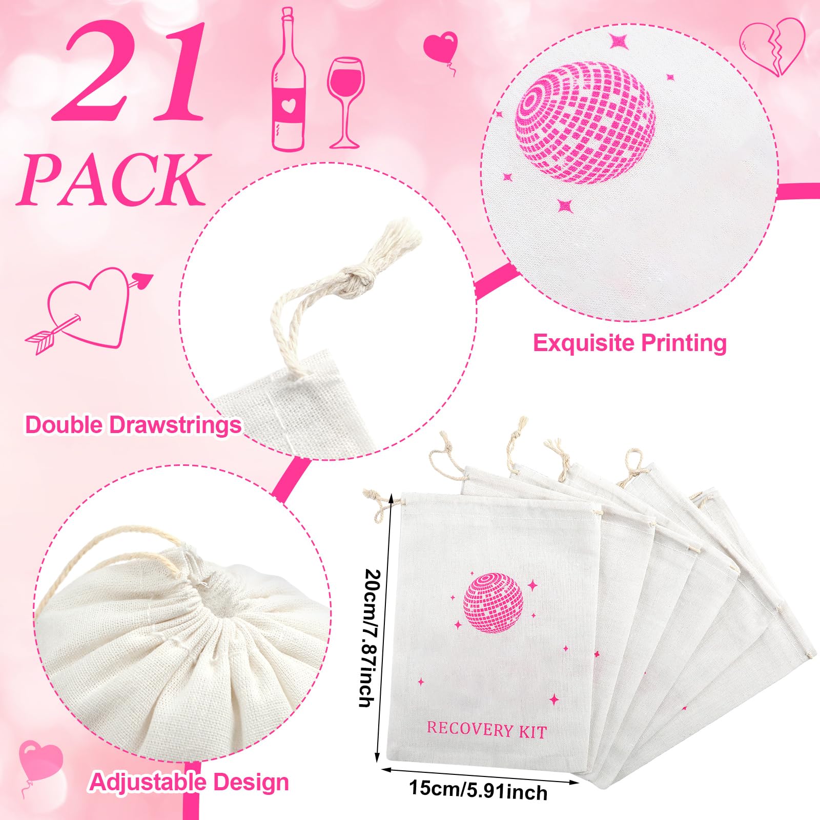 Clysee 21 Pcs Hangover Gift Bags Bulk 5.91'' x 7.87'' Bachelor Party Favors Cotton Drawstring Kit Bag for Wedding Bridal Shower Hangover Survival Recovery Guest Bridesmaid Bachelorette Party Supplies