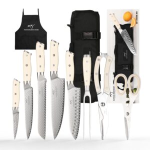 nanfang brothers chef knife set with bag, 9 pieces damascus steel chef knives with portable knife roll storage bag, blade guards, carving fork, apron and kitchen shears for outdoor camping travel