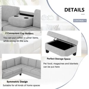 85''*85'' Sectional Corner Sofa L-Shape Couch Space Saving with Storage Ottoman & Cup Holders Design for Large Space Dorm Apartment,Light Grey