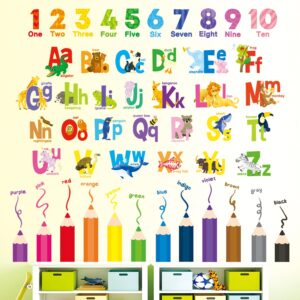 DECOWALL SG3-2316 Alphabet Numbers and Colouring Pencils Wall Stickers Decals Classroom Kids playroom Art Play Room Rainbow ABC Decorations Toddler Color Child Preschool Living Baby Girl Baby boy