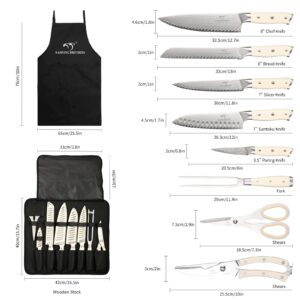 NANFANG BROTHERS Chef Knife Set with Bag, 9 Pieces Damascus Steel Chef Knives with Portable Knife Roll Storage Bag, Blade Guards, Carving Fork, Apron and Kitchen Shears for Outdoor Camping Travel