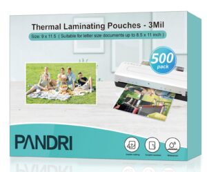 laminating sheets, pandri 500 pack thermal laminator pouches holds 8.5 x 11 inch, 3 mil clear laminator paper 9 x 11.5 inch, letter size