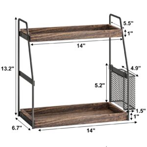 Fixwal Countertop Organizer for Bathroom, 2-Tier Wood Bathroom Counter Organizers with Basket Sink Shelf Cosmetic Storage Standing Vanity Tray Makeup Kitchen Spice Rack, Dark Brown