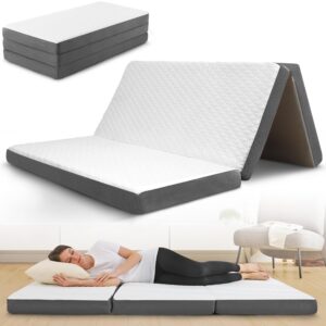 tri folding mattress with memory foam layer - 4 inch trifold foldable bed mattress with washable cover | full size 75" x 54" x 4" non-slip bottom camping floor mattress perfect guest bed