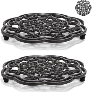 Yopay 2 Pack Cast Iron Trivet Heavy Duty, 7.7 inch Round Metal Trivet for Hot Pans or Teapot, Rustproof Pot Stands Holders with Rubber Pegs for Countertop, Dining Table, Kitchen Farmhouse Decoration