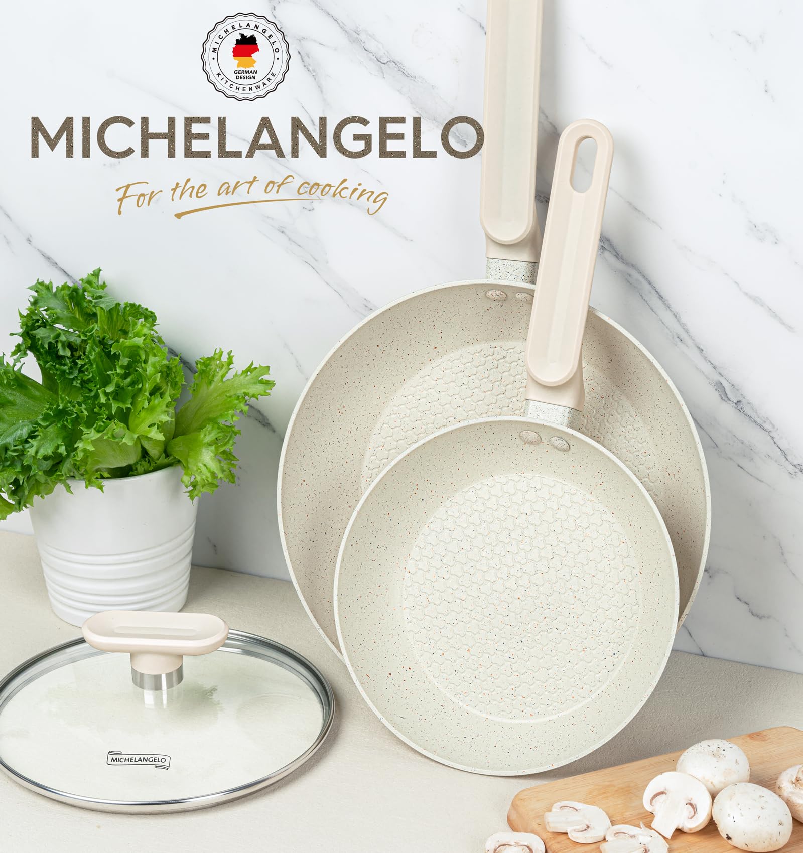 MICHELANGELO Frying Pan with Lid, Nonstick Frying Pan 10 Inch with Non-Toxic Granite Coatings, Nonstick Frying Pan with Lid, Stone Skillet, Nonstick Pan 10 Inch, Induction Compatible