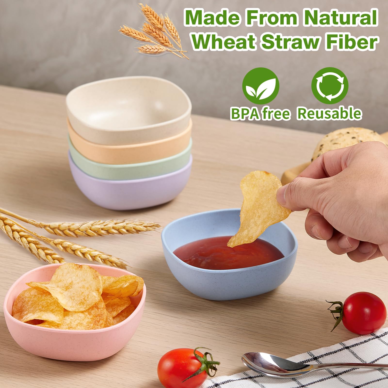 Hlukana 6 Pack Wheat Straw Soy Sauce Dishes, 4.5 OZ Small Dessert Bowls, Unbreakable Dipping Bowls, Pinch Bowls Set, Dipping Sauce Cups, Mini Prep Bowls, Dip Bowls for Side Dish, Ketchup, Soy, BBQ