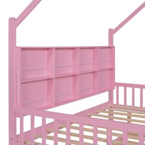 Full House Bed with Trundle and Storage Shelves, Montessori Bed Full Size Platform Bed Frame with Roof, Tent Bed, Solid Wood Playhouse Bed for Kids Teens Girls Boys (Full Size, Pink)